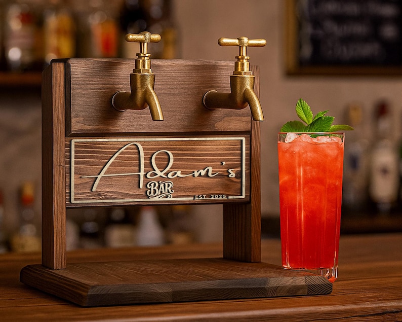 Personalized Double Faucet Whiskey Dispenser – Rustic Wooden Liquor Tap ...