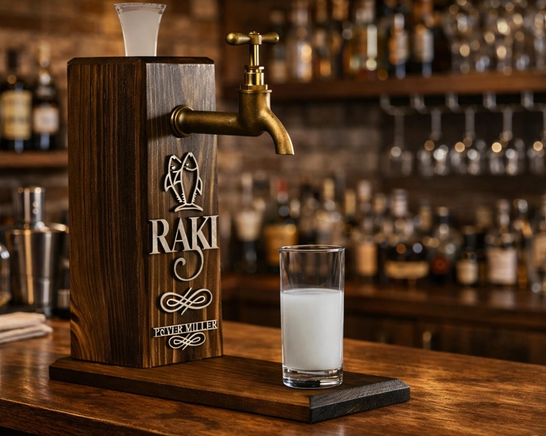 Personalized Raki Dispenser – Rustic Wooden Liquor Tap for Home Bar ...