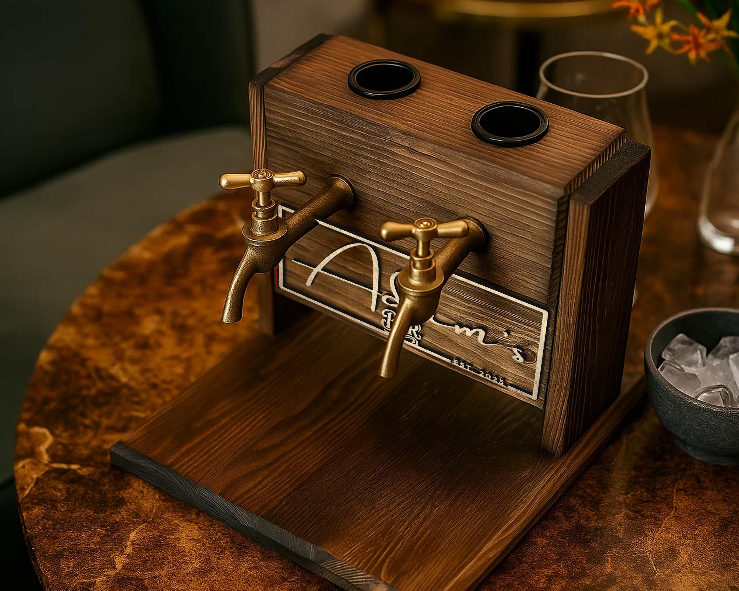 Personalized Double Faucet Whiskey Dispenser – Rustic Wooden Liquor Tap ...