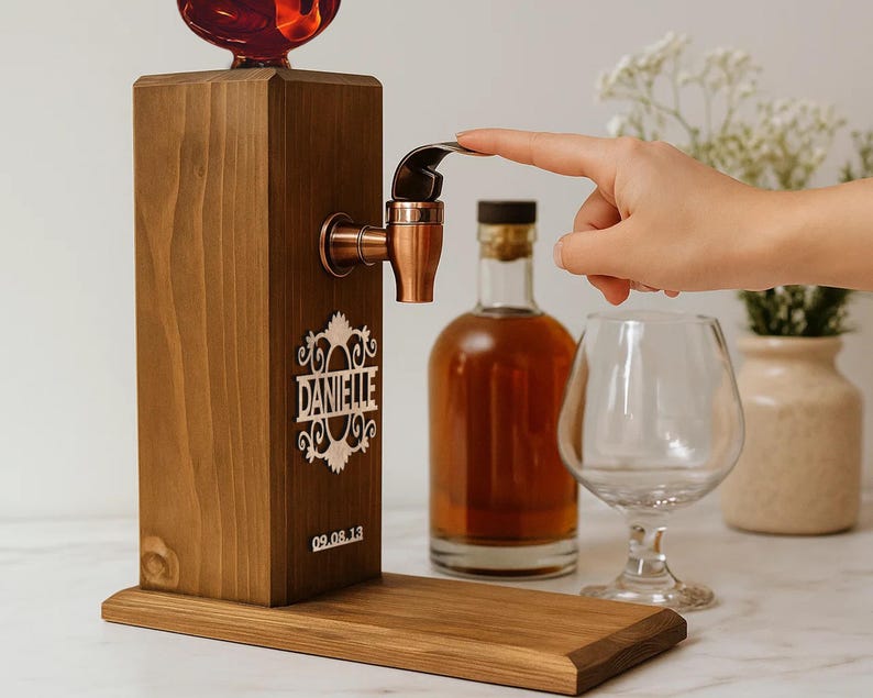 Personalized Whiskey Dispenser – Rustic Wooden Liquor Tap for Home Bar ...