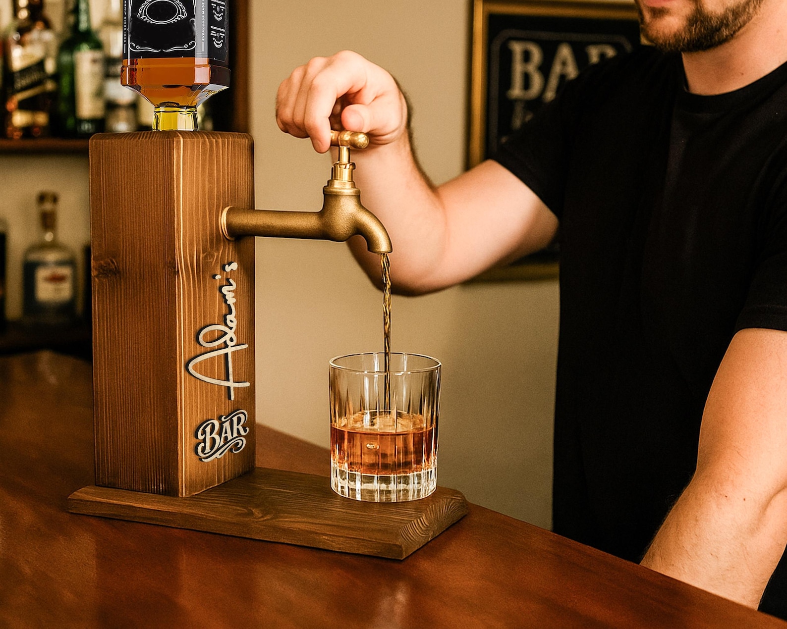 Personalized Whiskey Dispenser – Rustic Wooden Liquor Tap for Home Bar ...