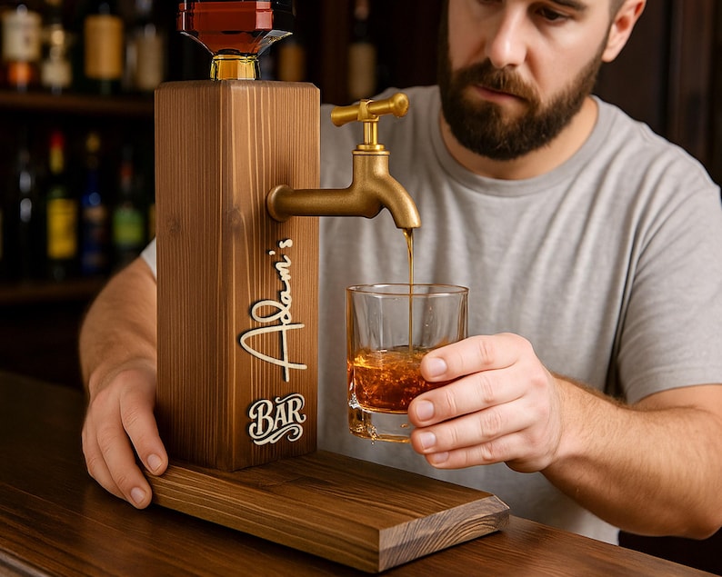 Personalized Whiskey Dispenser – Rustic Wooden Liquor Tap for Home Bar ...