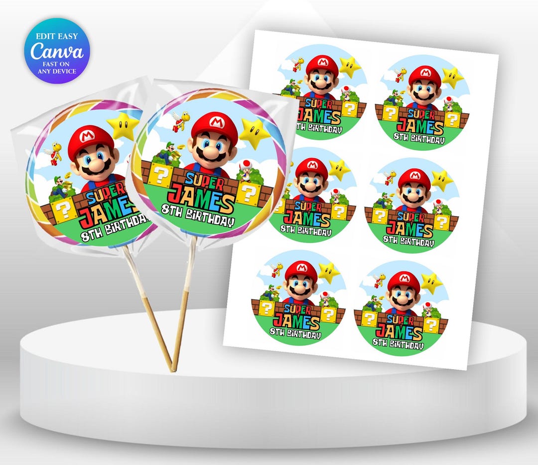 Mario Bros Birthday Lollipop Label Mario Theme Party Super Mario Invite ...