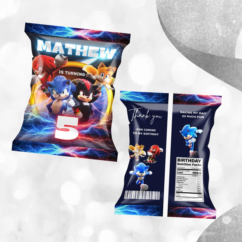 Sonic 3 Birthday Chip Bag Label Super Hedgehog Party Boy 5th Birthday ...