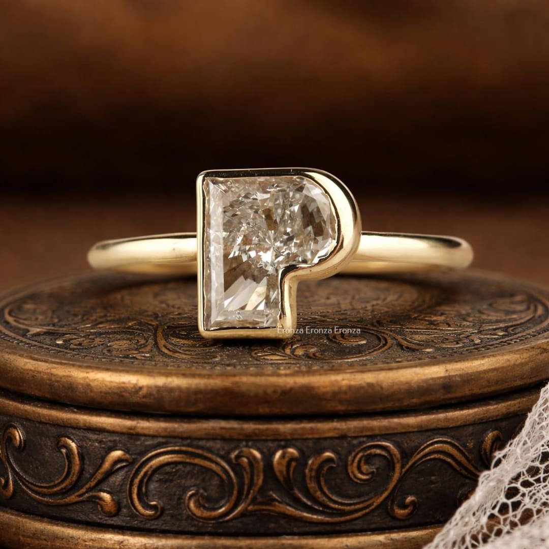 Initial P Bezel Ring for Unique Gift for Her | P-shaped Lab Diamond ...