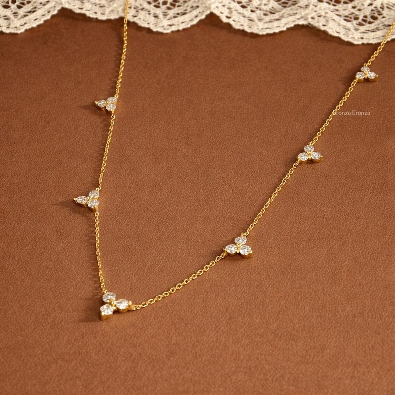 14k Gold Diamond Triangle Cluster Necklace: Adjustable Station Chain ...