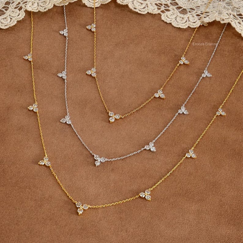 14k Gold Diamond Triangle Cluster Necklace: Adjustable Station Chain ...