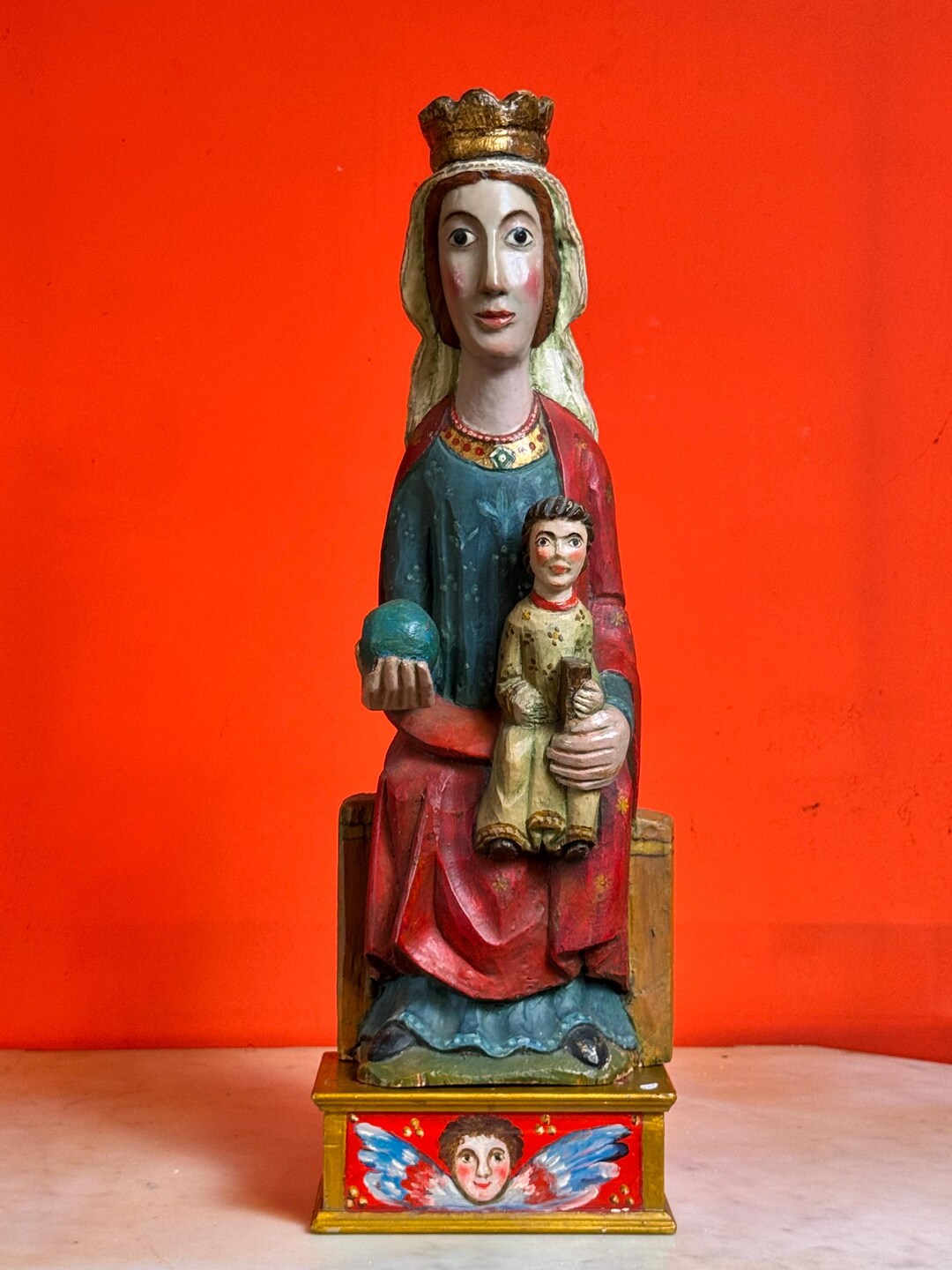Virgin and Child on a Romanesque-style Throne, Polychrome Carving, 20th ...