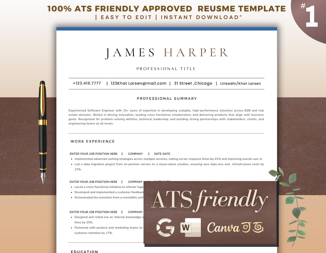 ATS Friendly Resume Template Word, Pages, Google Docs, Canva Ats Resume ...