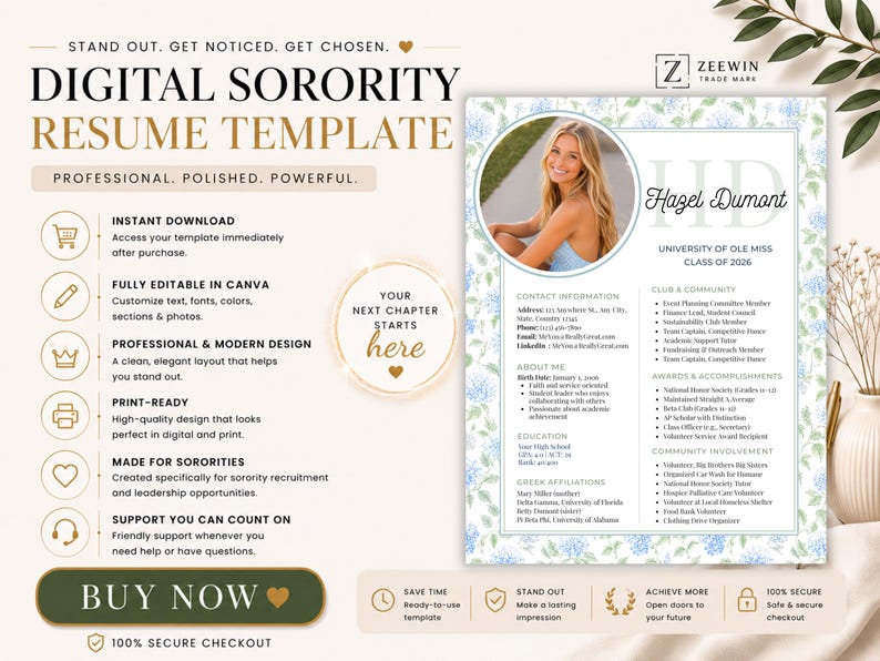 Sorority Resume Template With Photo in Canva | Sorority Rush Resume and ...