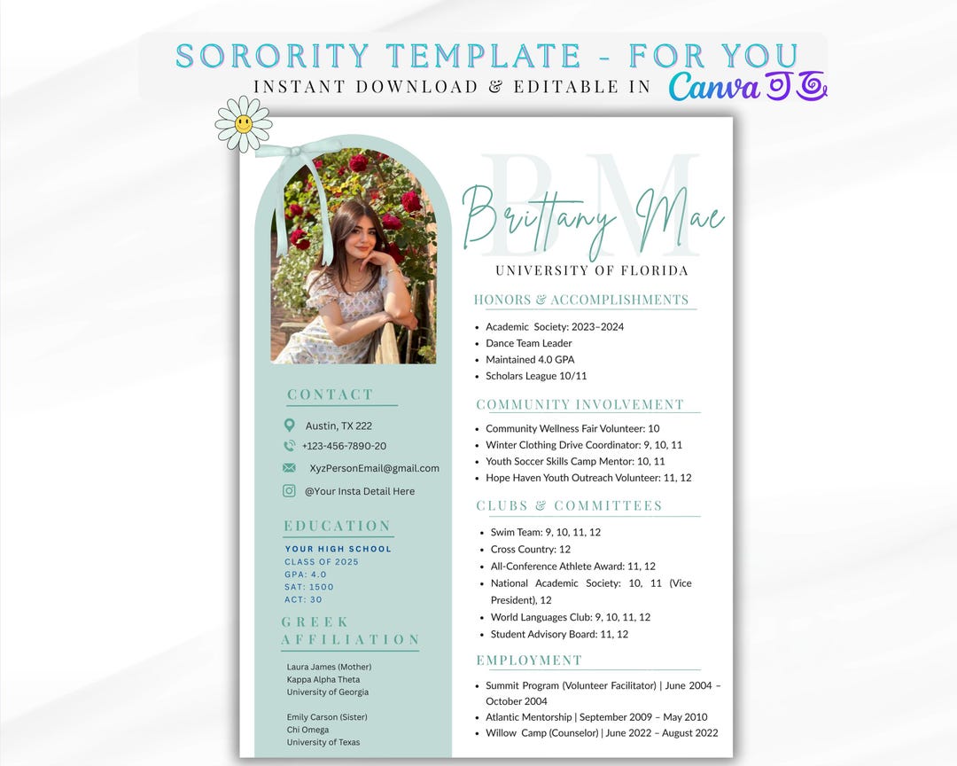 Editable Sorority Resume Template: Rush Week Application, Cover Letter ...