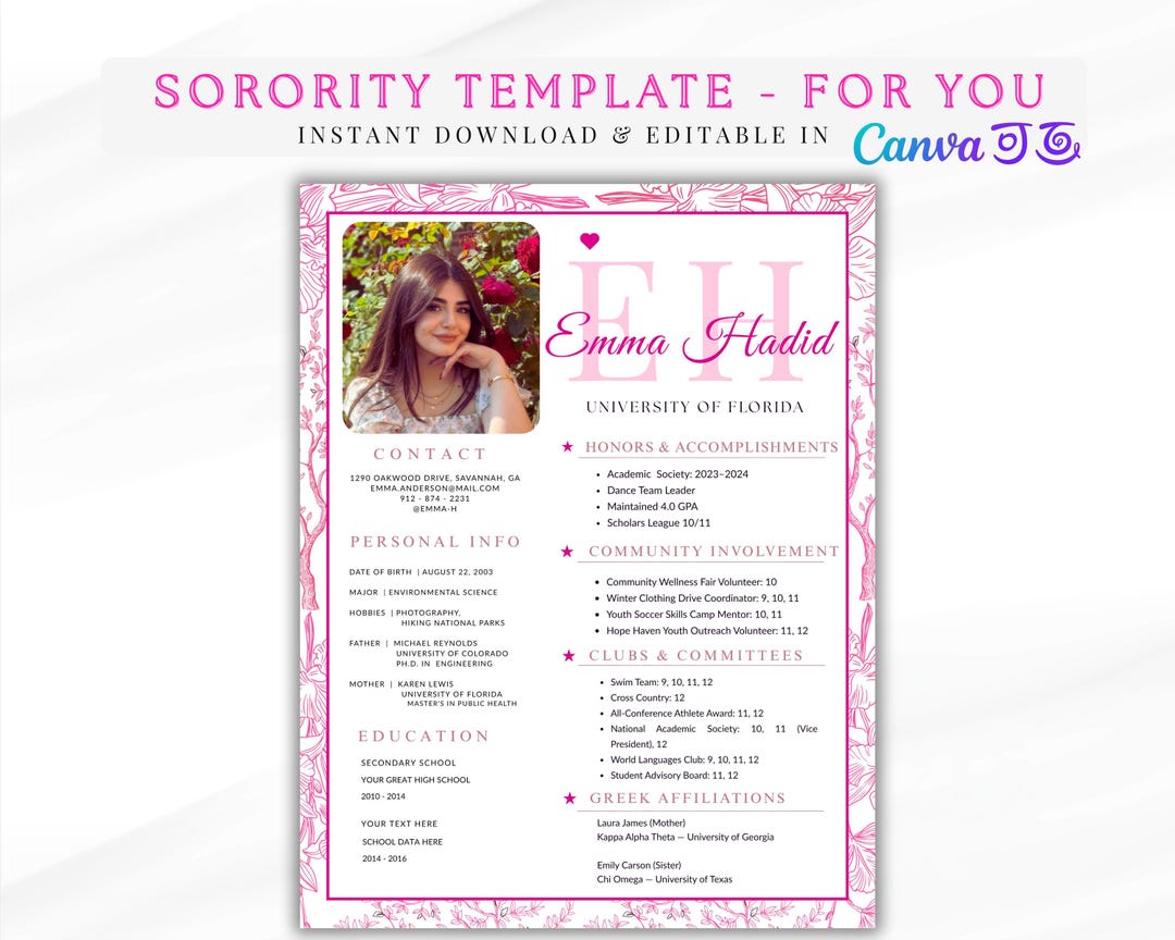 Sorority Rush Editable Resume With Photo + Cover Letter | Pink Social ...