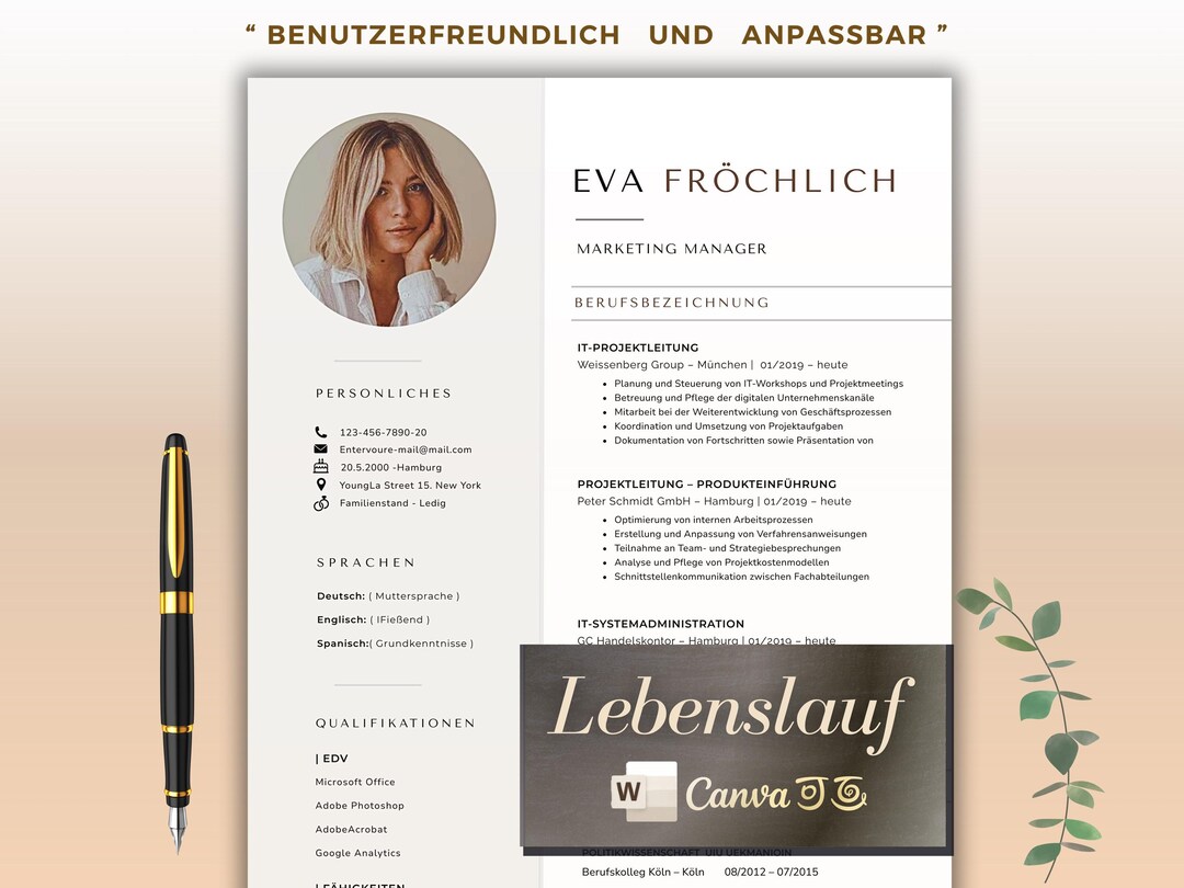 German Resume Template: Modern CV Design for Word & Canva - Etsy