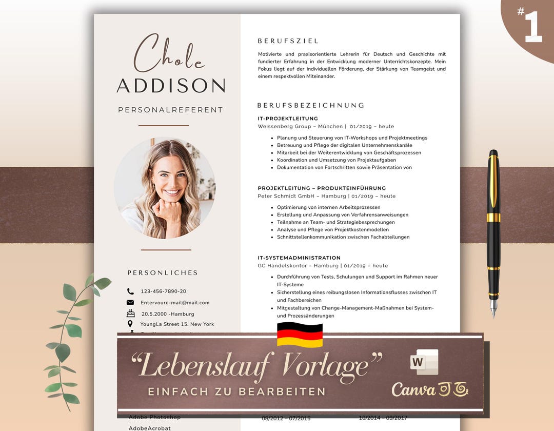 Modern Resume Template: German CV for Word & Canva - Etsy