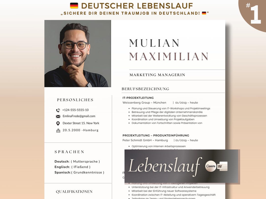 Editable Resume Template 2025: German Job Application for Word & Canva ...