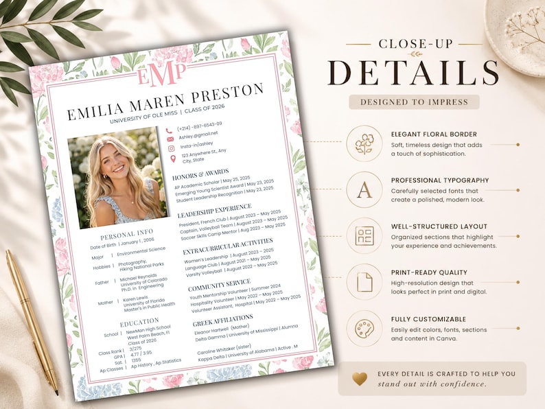 Sorority Rush Resume Template Canva | Editable Sorority Resume With ...