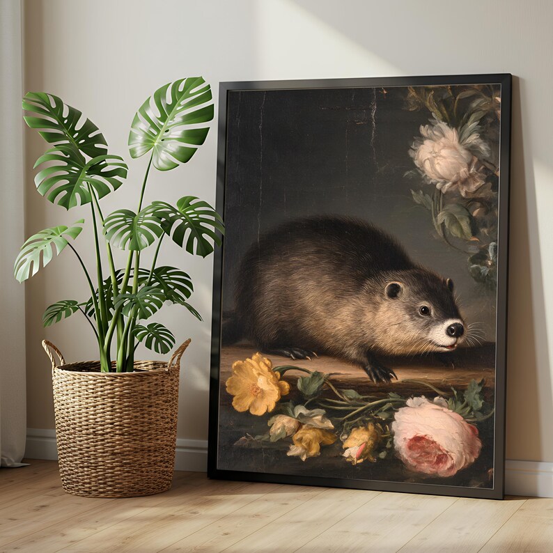 Vintage Beaver Digital Poster, Classical Animal Painting, Floral Folk ...
