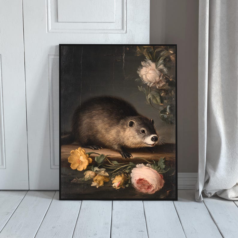 Vintage Beaver Digital Poster, Classical Animal Painting, Floral Folk ...