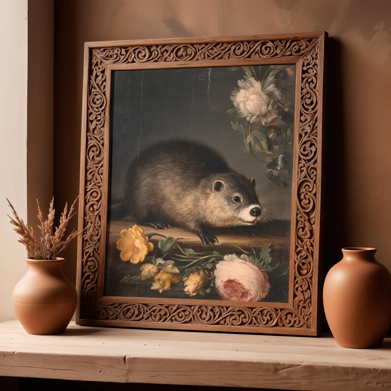 Vintage Beaver Digital Poster, Classical Animal Painting, Floral Folk ...