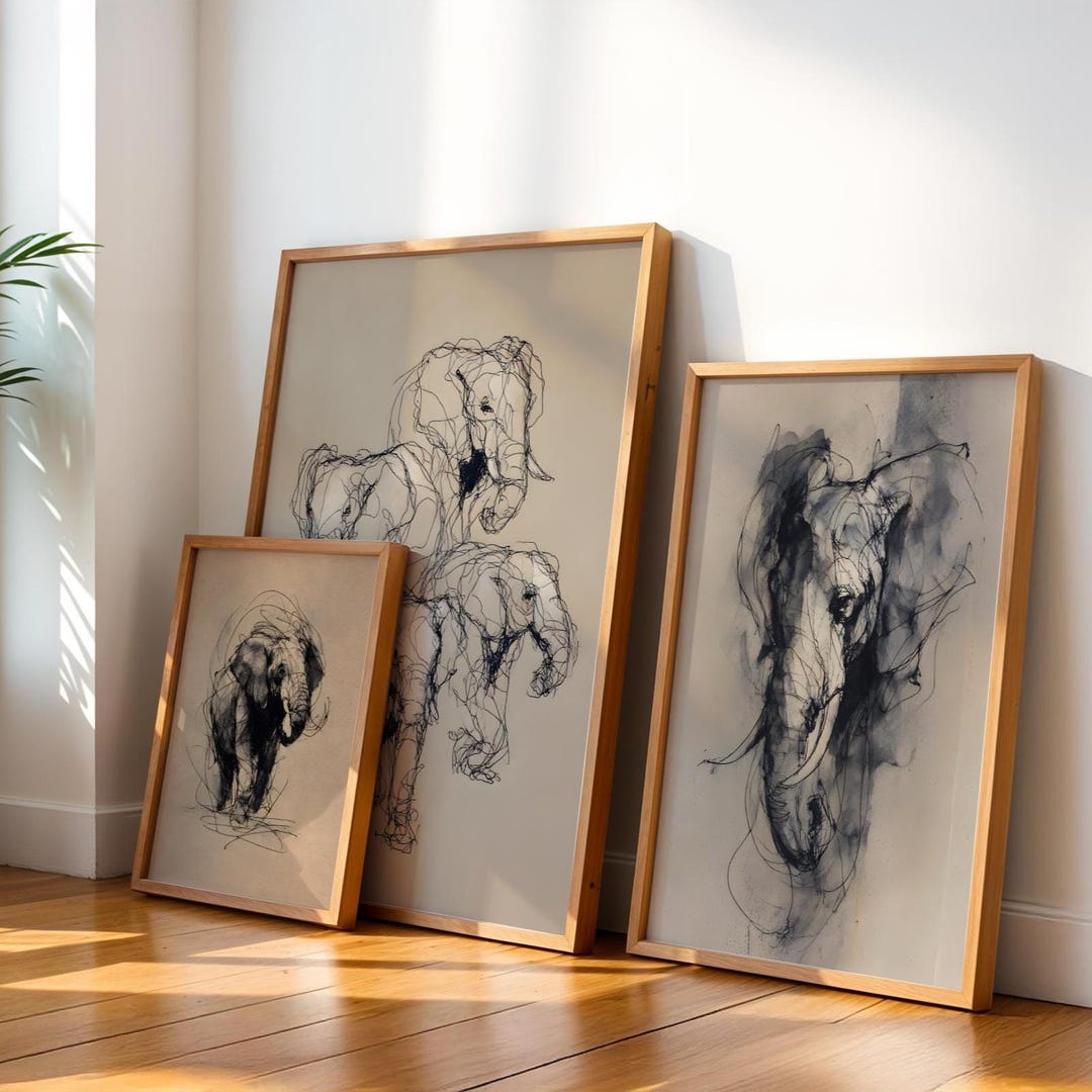 Elephant Wall Art Set of 3, Abstract Elephant Prints, Minimal Line Art ...