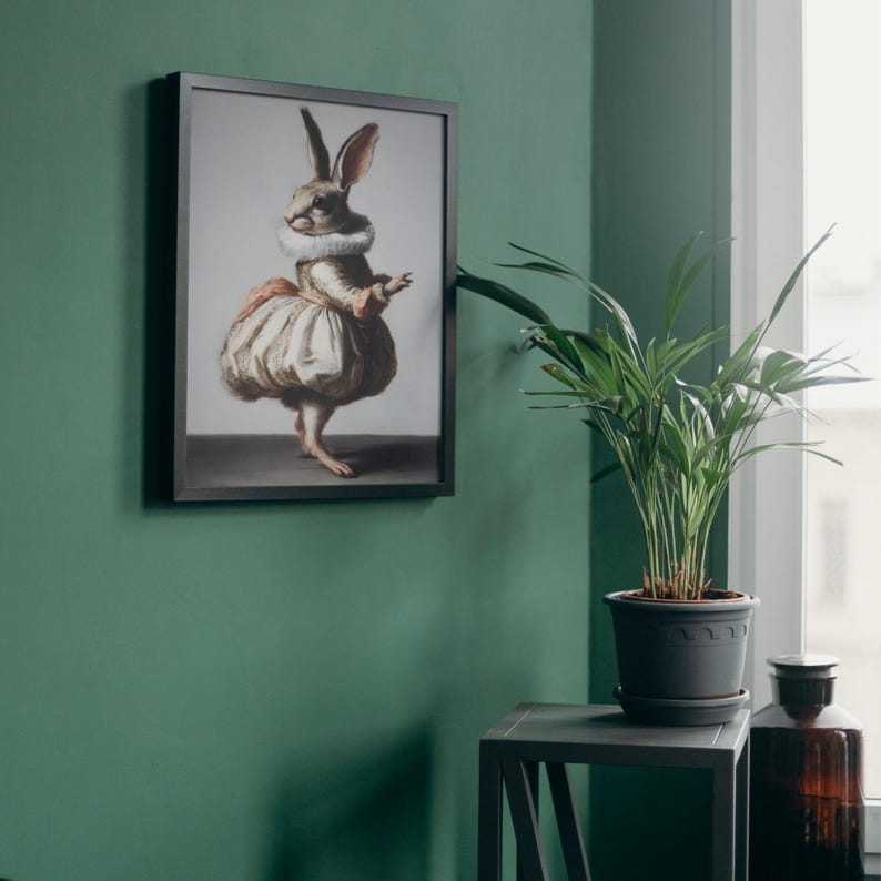 Vintage Rabbit Art, Folk Art Digital Poster, Folk Style Animal Painting ...