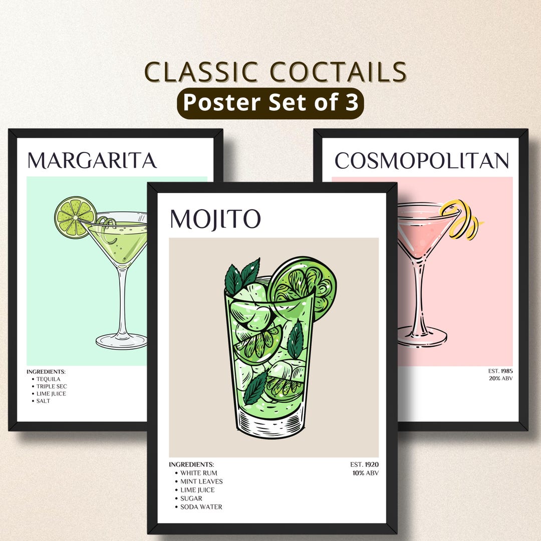 Classic Cocktails Poster Set | Bar Wall Art | Mojito, Margarita ...