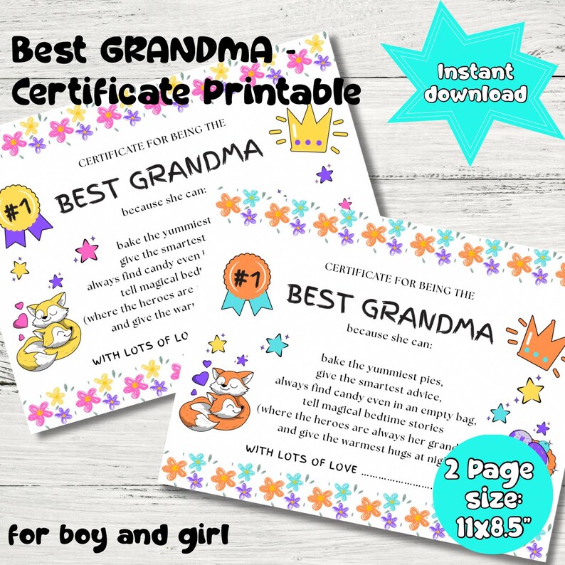 Best Grandma Certificate Printable, Grandparents Day, Mother’s Day Gift ...