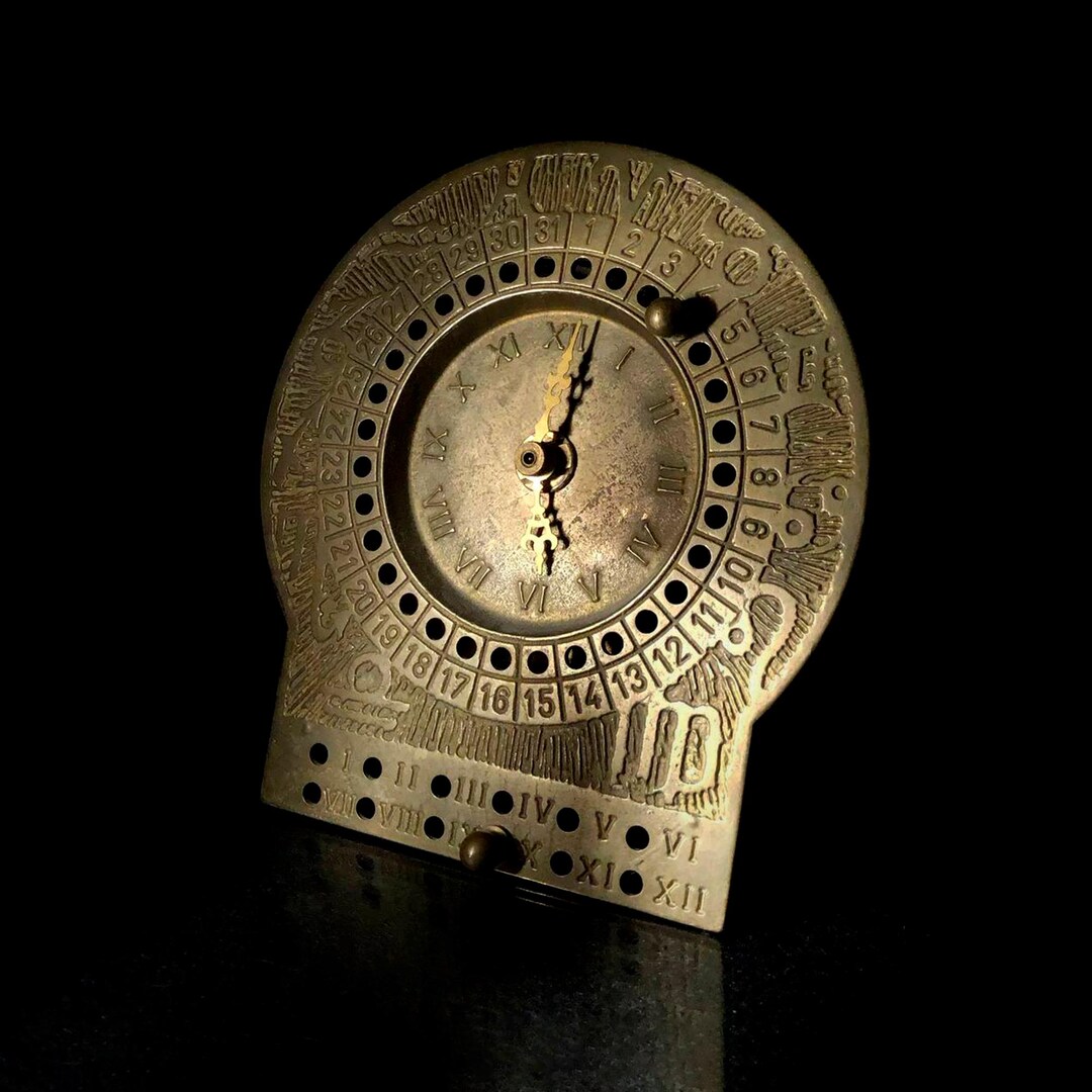 Vintage Brass Zodiac Calendar Clock, 1960s German Brutalist Desk Clock ...