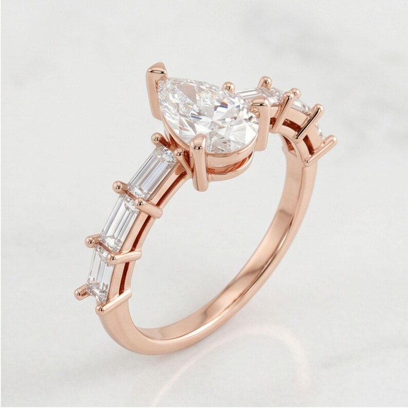 Pear Cut Lab Grown Diamond Engagement Ring, Multi Stone Wedding Ring ...