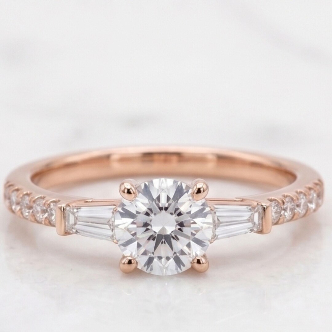 Round Cut Engagement Ring, 3 Stone Baguette Ring, Pavé Diamond Band, 1 ...