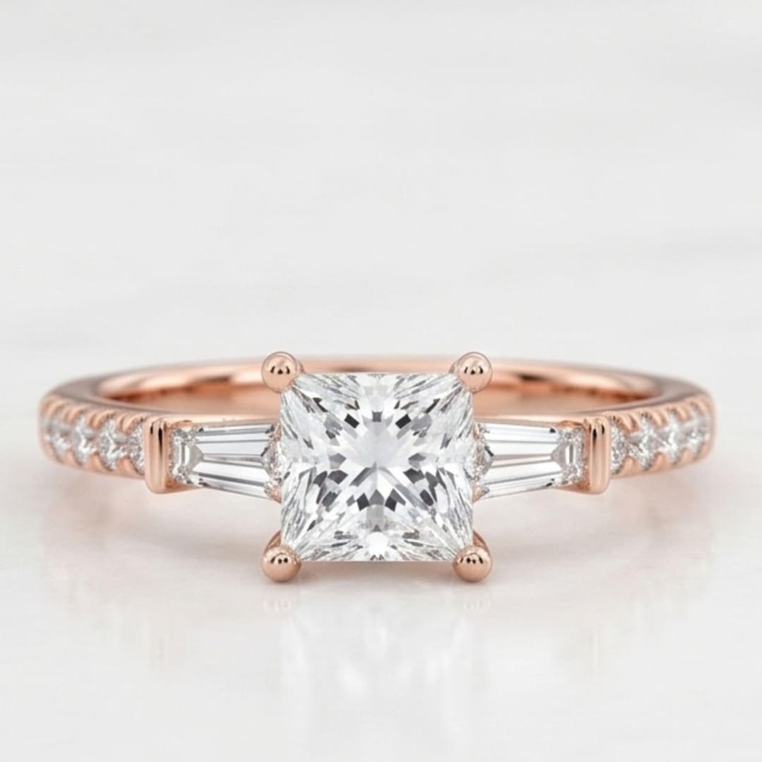 Princess Cut Engagement Ring, 3 Stone Baguette Ring, Pavé Diamond Band ...