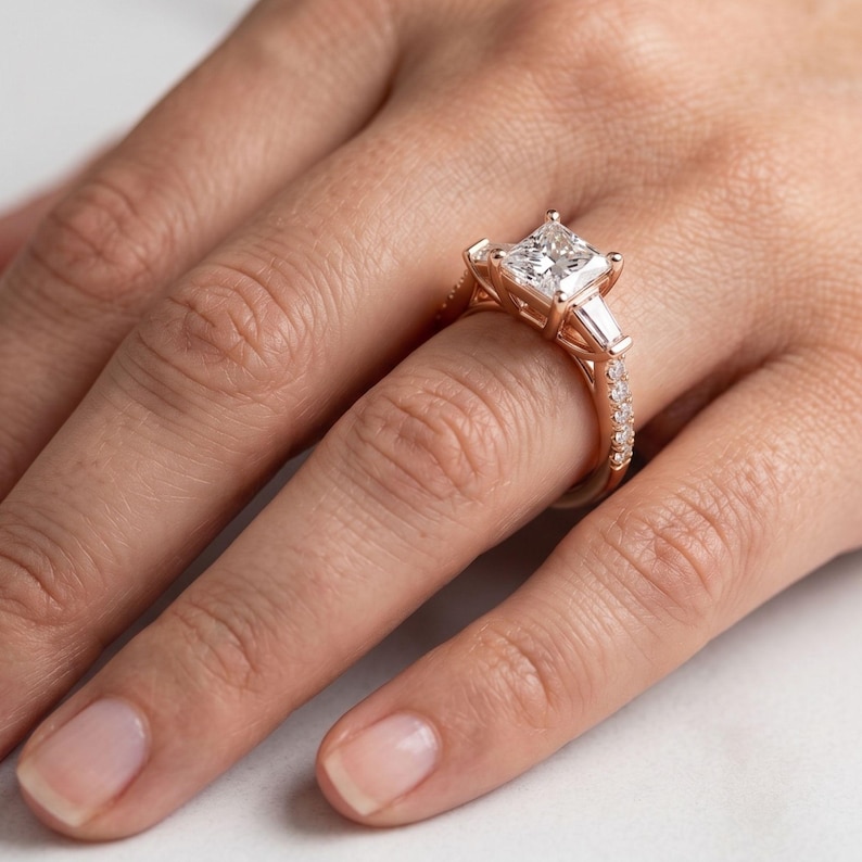 Princess Cut Engagement Ring, 3 Stone Baguette Ring, Pavé Diamond Band ...