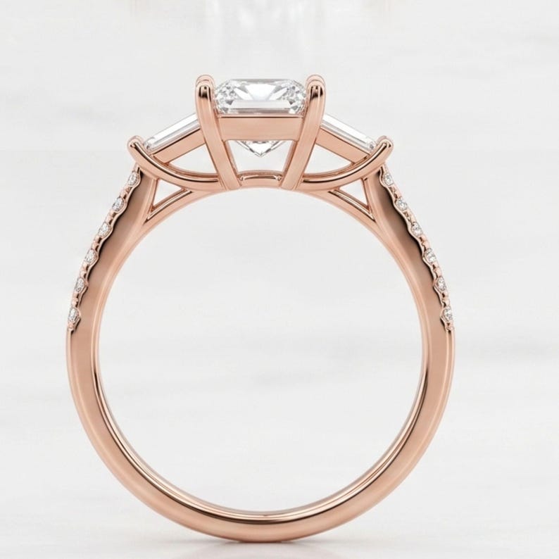 Princess Cut Engagement Ring, 3 Stone Baguette Ring, Pavé Diamond Band ...