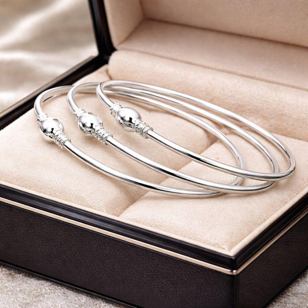 Sterling Silver Bangle Set, Thin Silver Stackable Bracelets, Minimalist ...