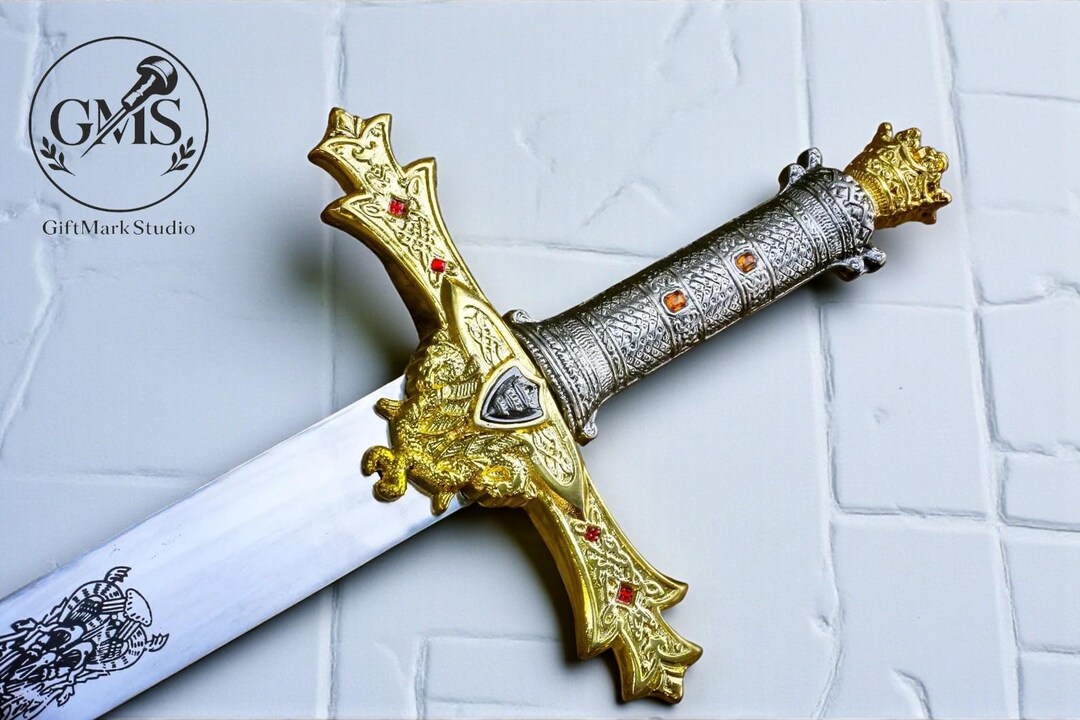 Handmade King Arthur Excalibur Sword , Crown Head Merlin Sword With ...