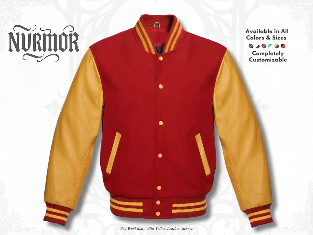 Red Wool Varsity Jacket: Golden Leather Sleeves Letterman Bomber - Etsy