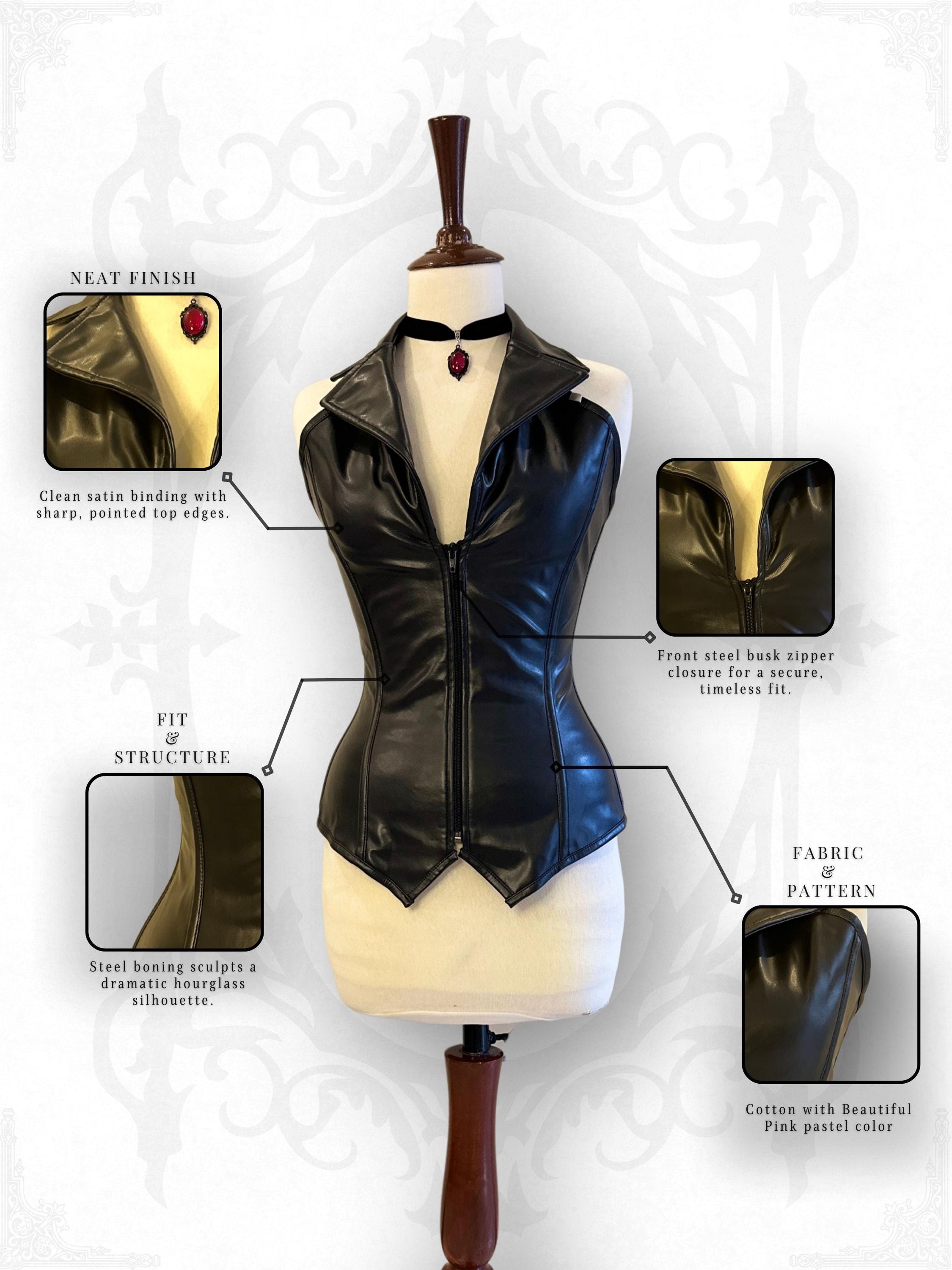 Women Black Leather Collar Vampire Full Zipper Steel Boned Fashionwear ...