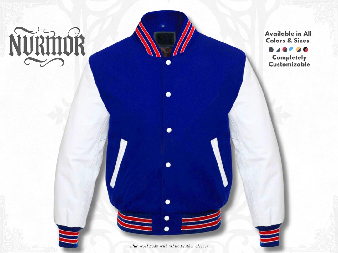 Blue Wool Varsity Bomber Jacket White Leather Sleeves, Customizable - Etsy