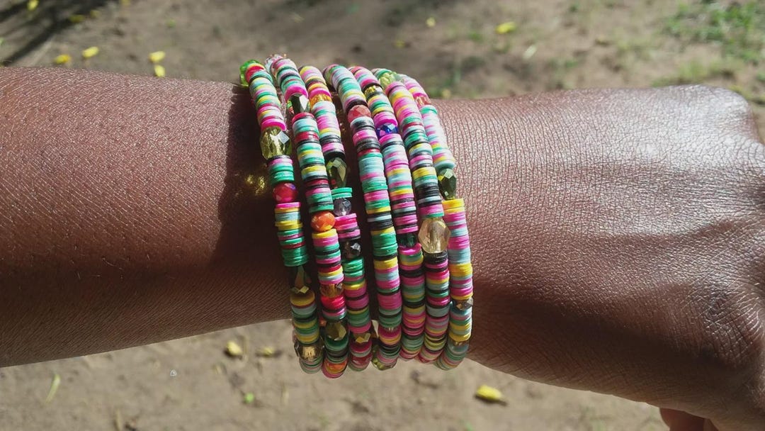 Colorful African Vinyl Wrap Bracelet: Crystal Beaded Memory Wire - Etsy