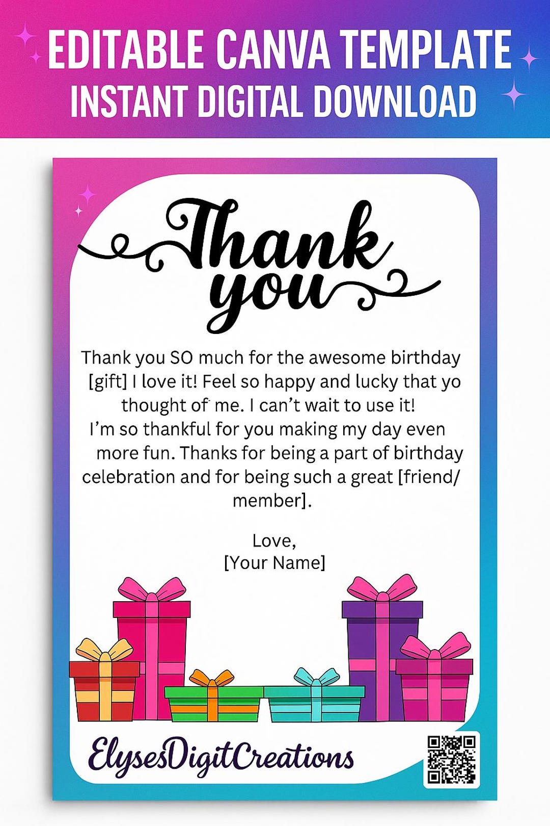 Birthday Thank You Card | Editable Canva Template | Printable Digital ...