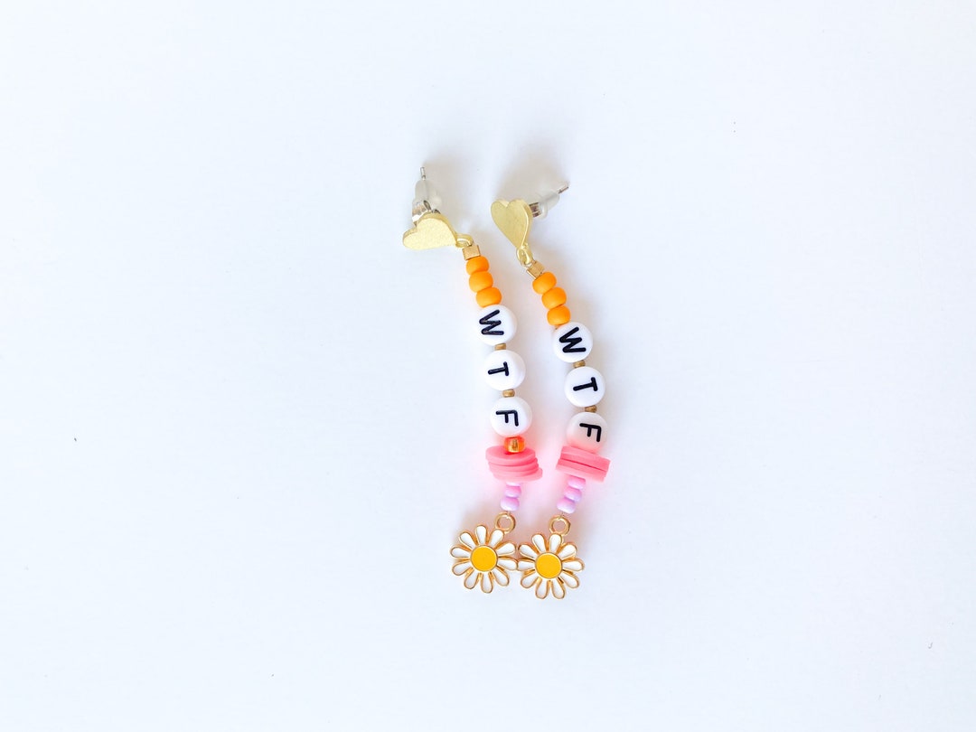 WTF Cute Earrings, Daisy Flower, Alphabet Beads, Neon Pink, Heart Post ...