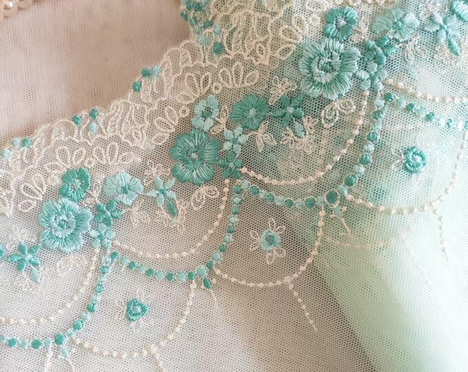 2.7 Yards Lace Trim Lolita Flowers Floral Embroidered Cyan Tulle Lace 7 ...