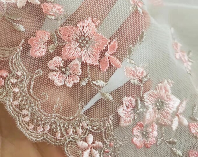 2 Yards Lace Trim Pink Flowers Floral Embroidered Lace Tulle Lace 7 ...