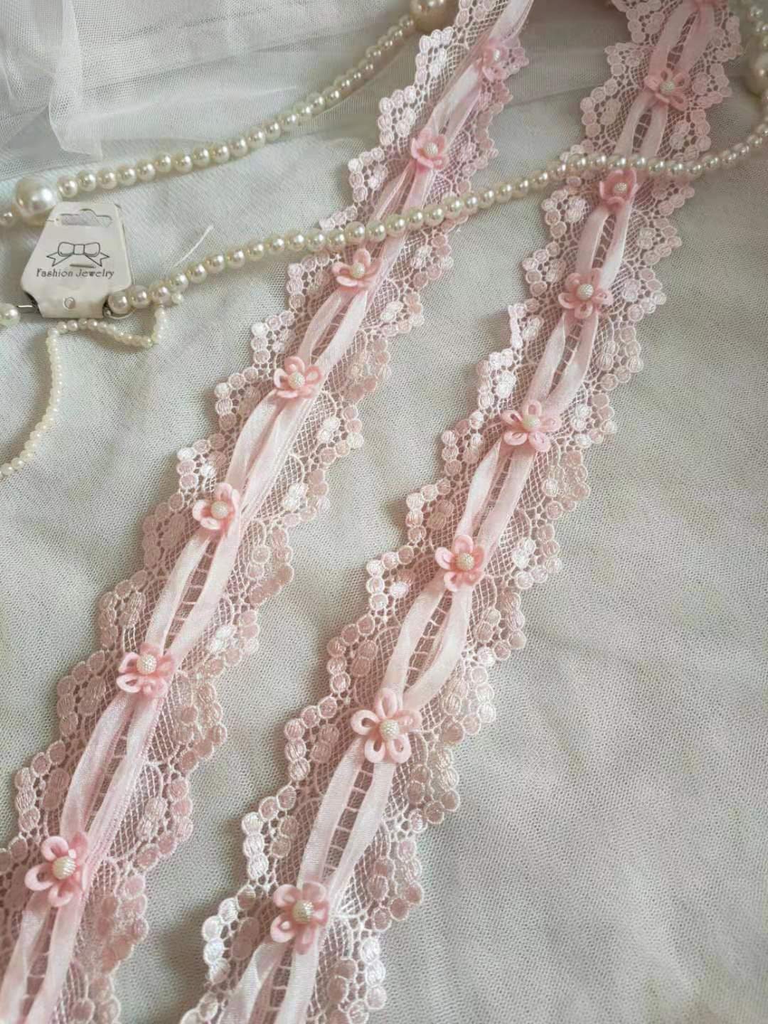3 Colors Lovely Lace Trim Pink Venice Lace Trim With Pearl Beaded 1.9 ...