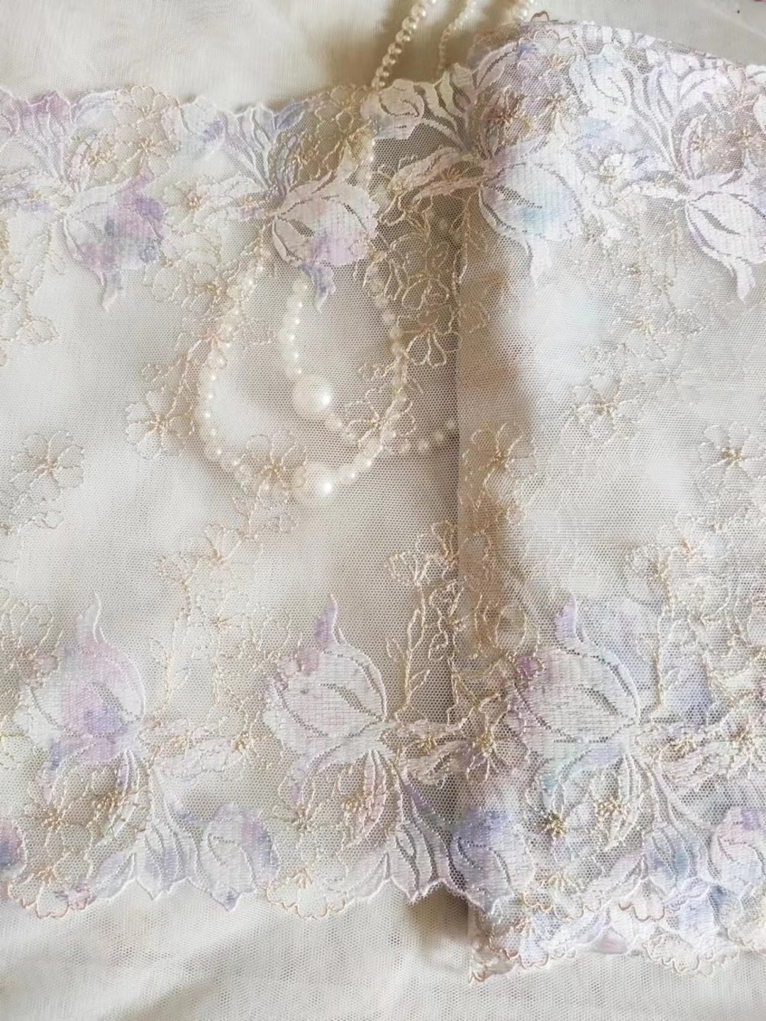 Gorgeous Lace Trim Colored Flowers Embroidered Cream White Tulle Lace ...