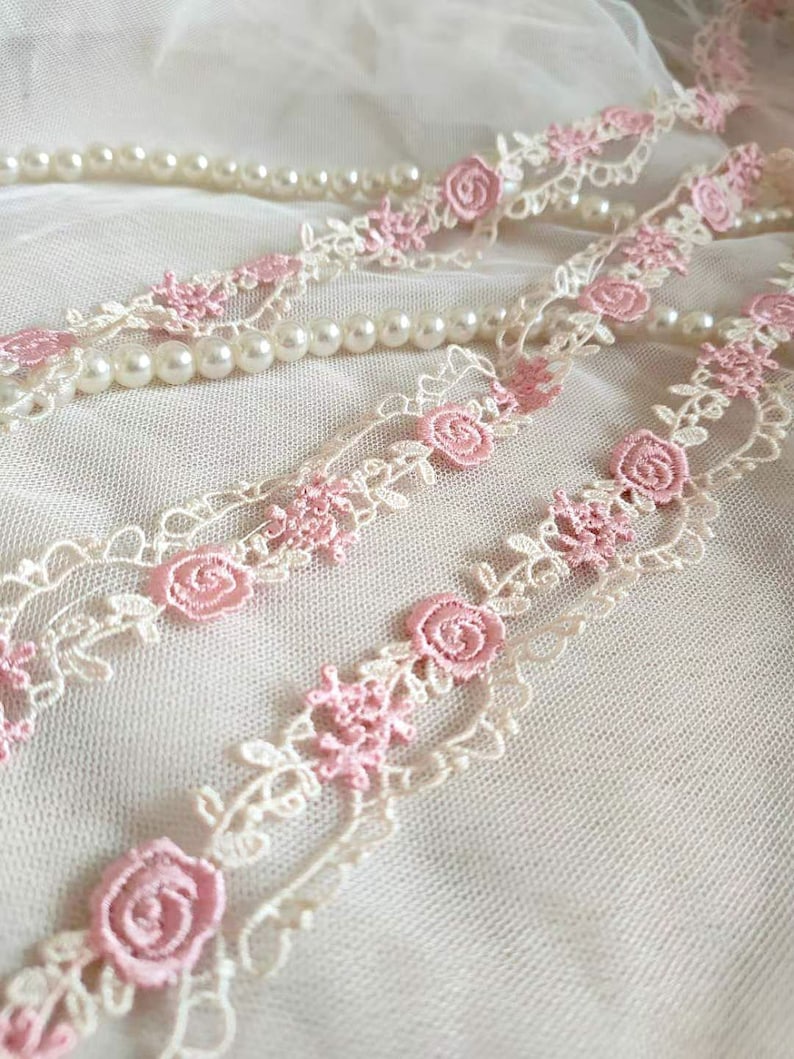 3 Yards Lace Trim Lovely Pink Roses Flowers Venice Lace Trim 1 - Etsy