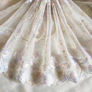 Gorgeous Lace Trim Colored Flowers Embroidered Cream White Tulle Lace ...