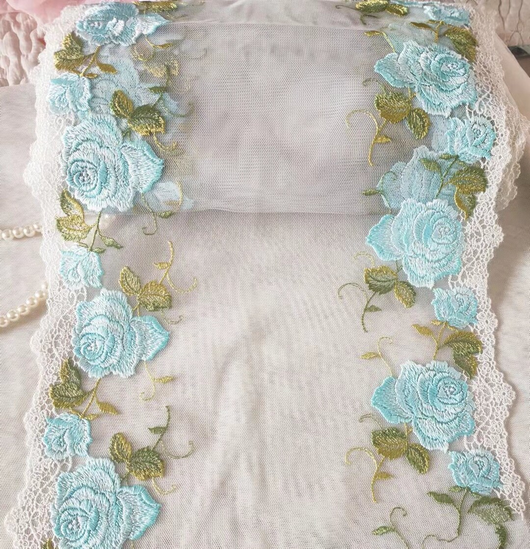 1.2 Yards Double Edged Lovely Lace Trim Sky Blue Roses Embroidered ...