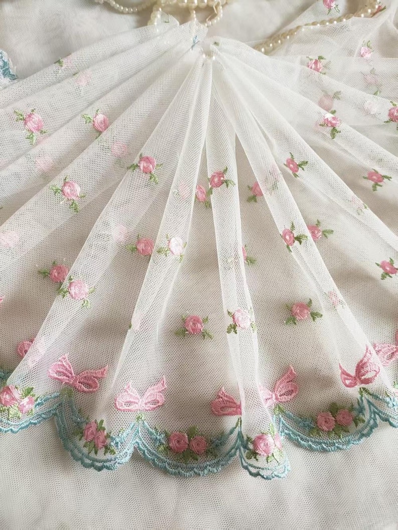 2 Yards Lace Trim Lovely Pink Bow Flowers Embroidered Cream White Tulle ...
