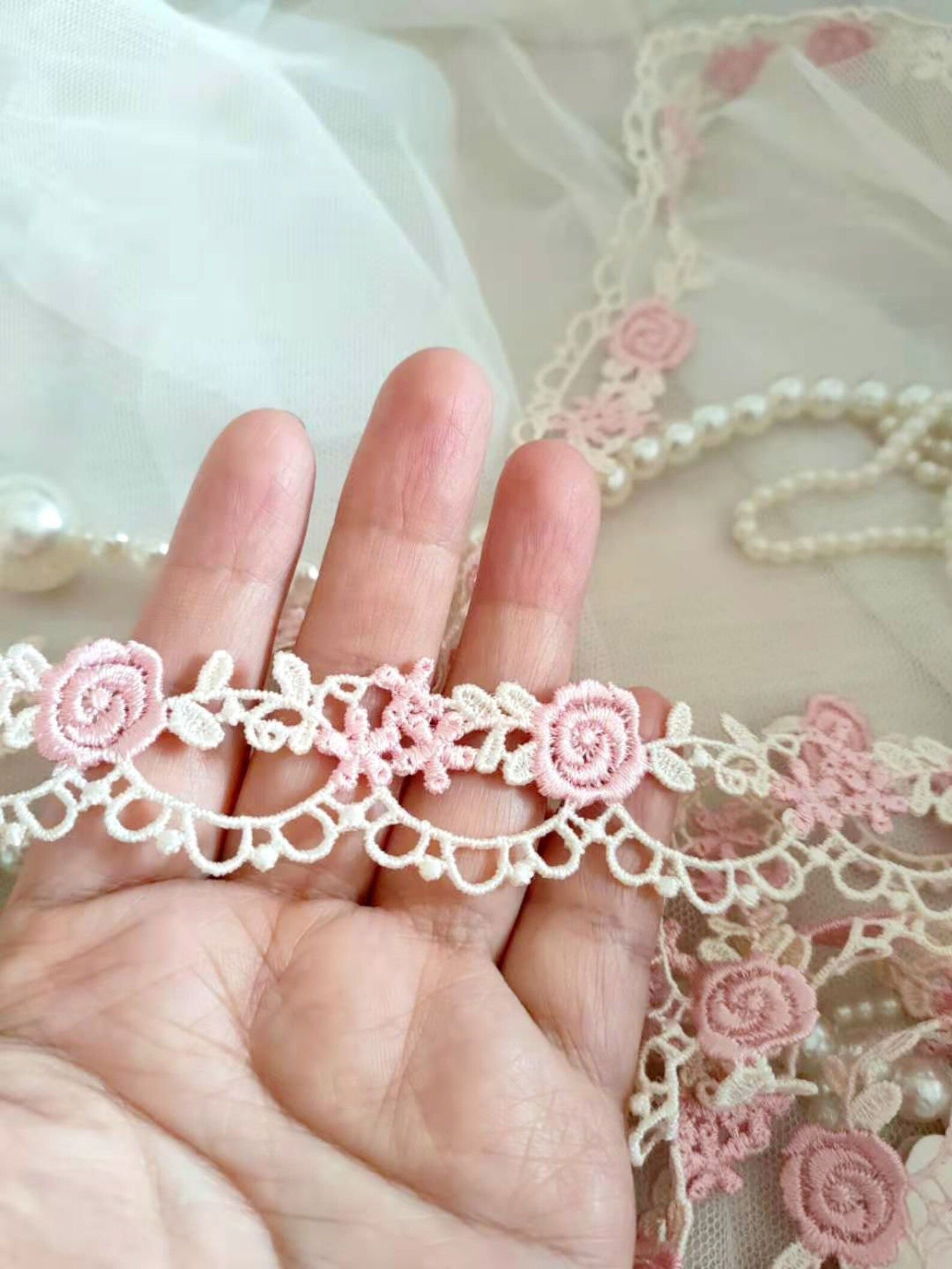 3 Yards Lace Trim Lovely Pink Roses Flowers Venice Lace Trim 1 Inch ...
